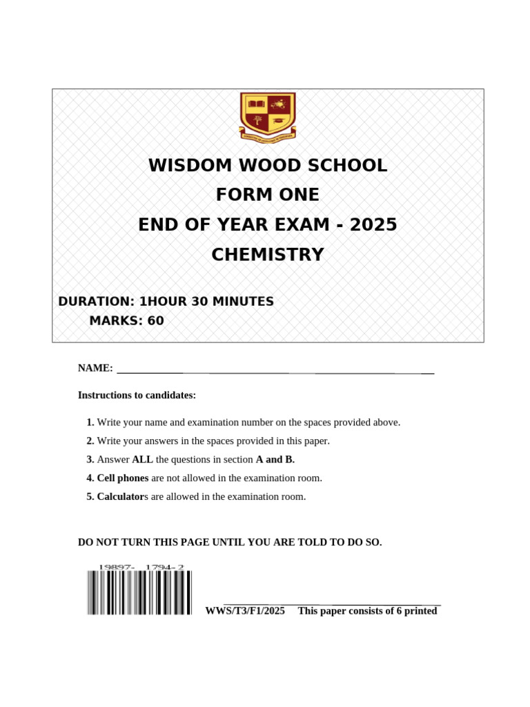 Form One Chemistry Exam 2025 | PDF | Atoms | Chemical Substances