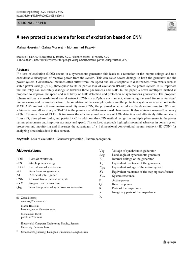 A New Protection Scheme For Loss of Excitation Based On CNN | PDF ...