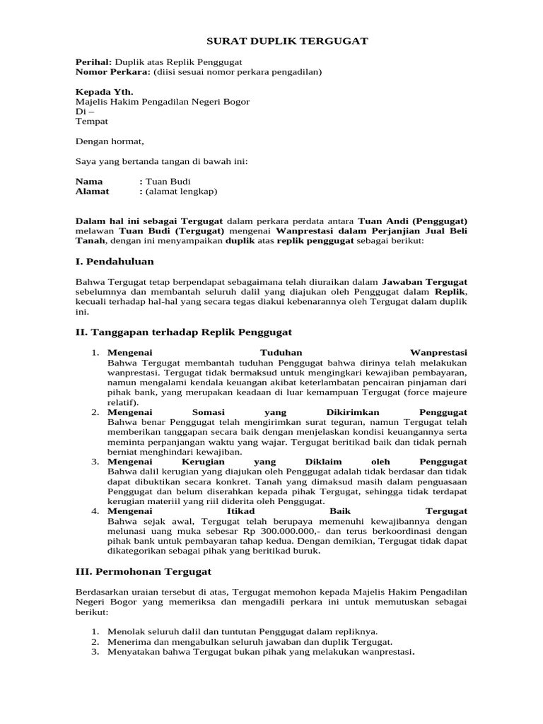 Surat Duplik Tergugat | PDF