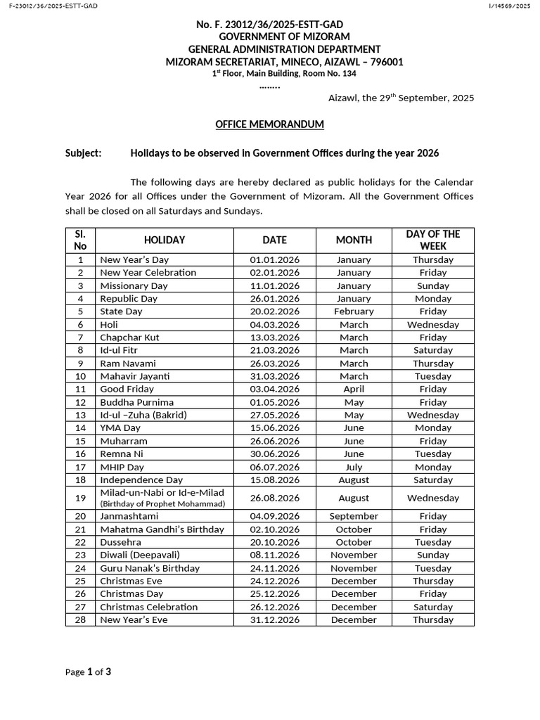 Mizoram 2026 Government Holidays List | PDF | Religious Holidays ...