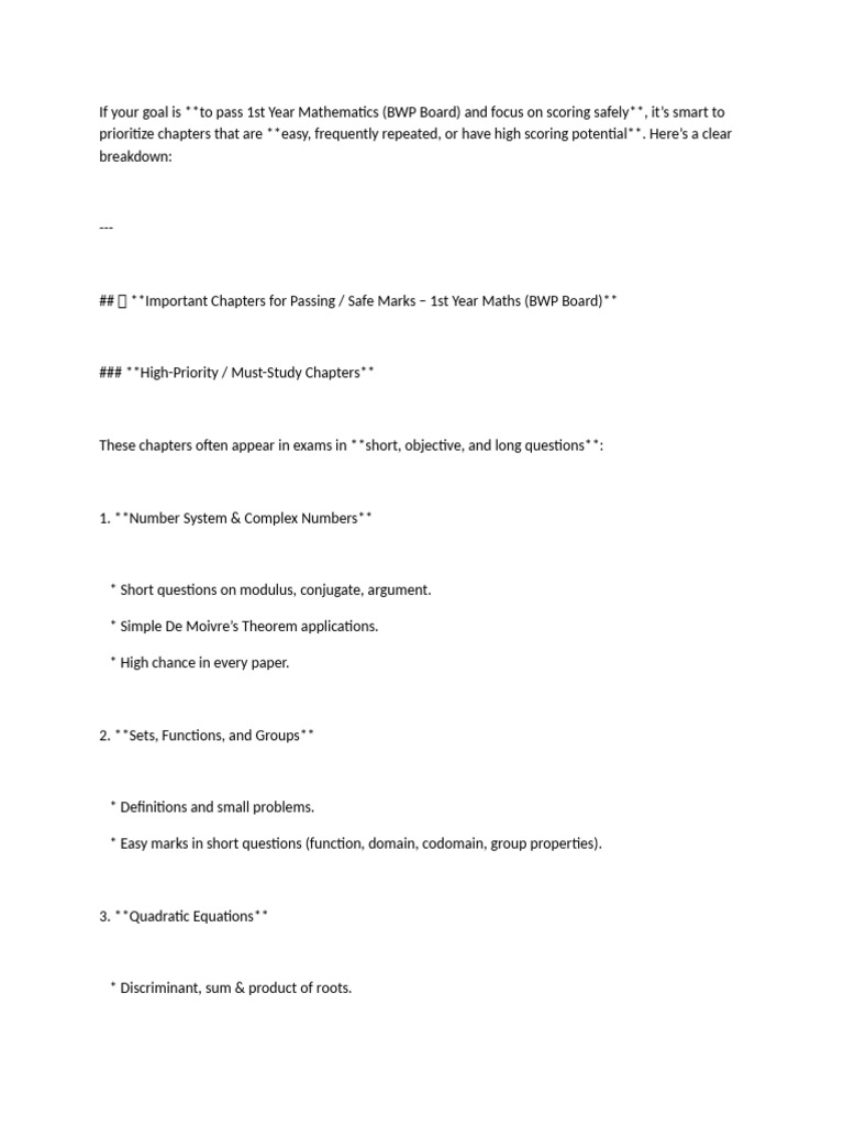 Important Chapters For Passing Safe Marks - 1st Year Maths (BWP Board ...