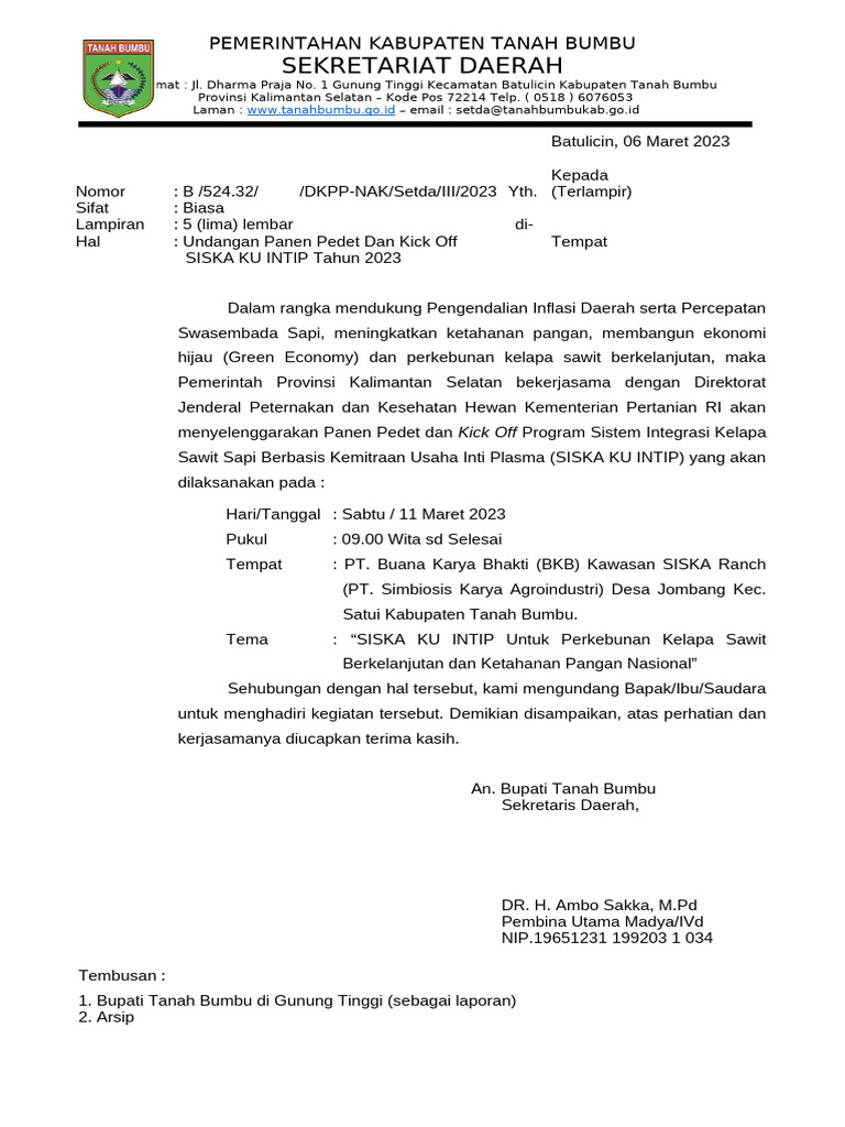 Surat Undangan Panen Pedet Kabupaten Setda | PDF