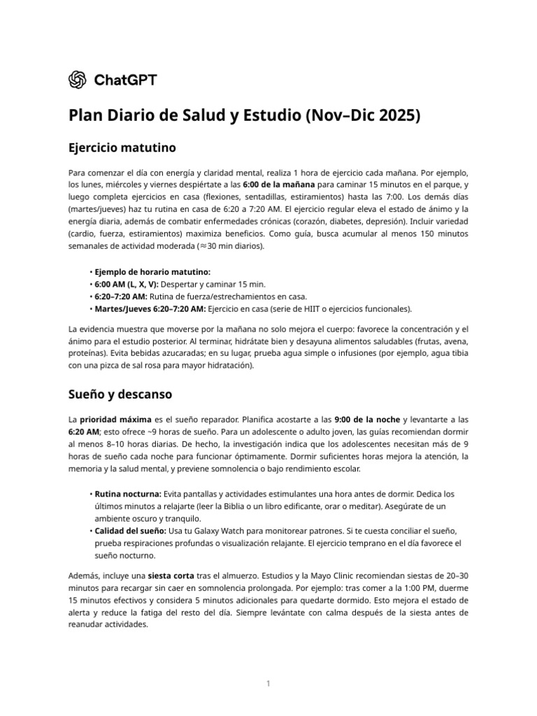 Plan Diario de Salud y Estudio (Nov-Dic 2025) | PDF | Dormir