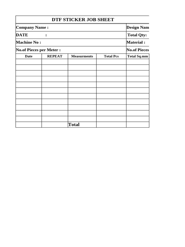 DTF Sticker Job Sheet Template | PDF