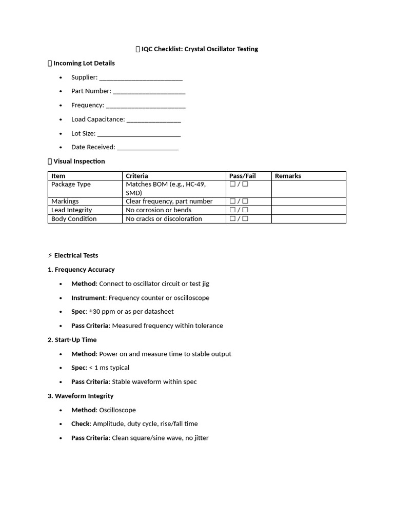 IQC Checklist Crystal Oscillator Testing | PDF