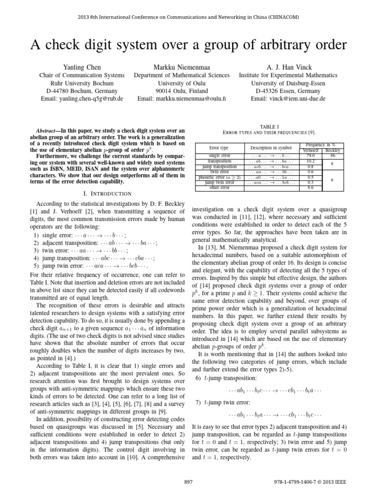 A Check Digit System Over A Group of Arbitrary Order | PDF ...