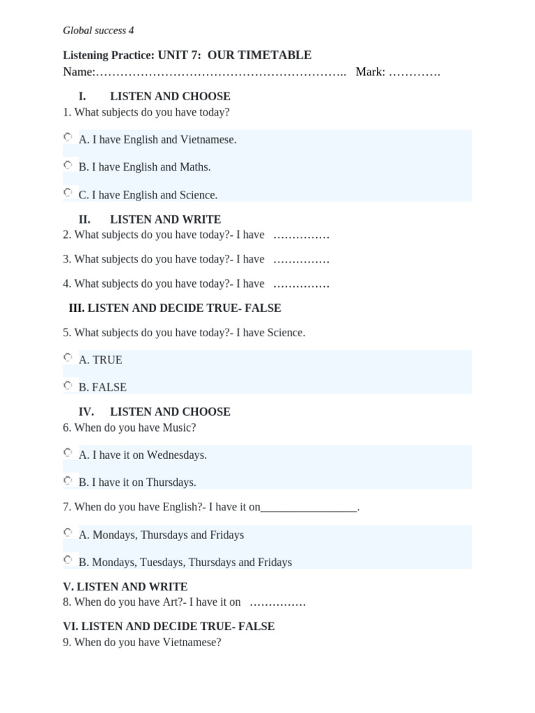 Listening Grade 4 U7 | PDF