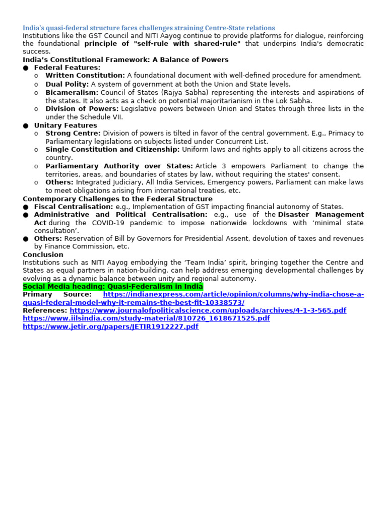 News Today (Nov 01, 2025) - Quasi Federalism in India | PDF ...