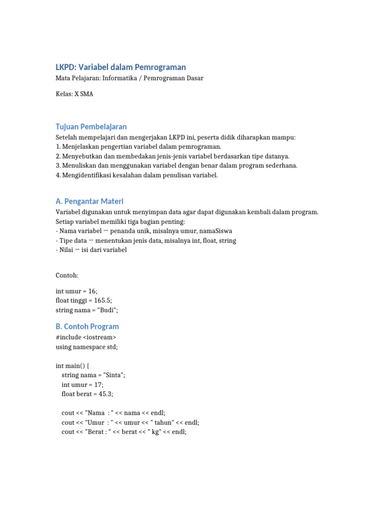 LKPD Variabel Dalam Pemrograman | PDF