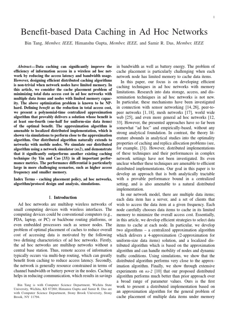 Benefit-Based Data Caching in Ad Hoc Networks | PDF | Routing | Cache (Computing)