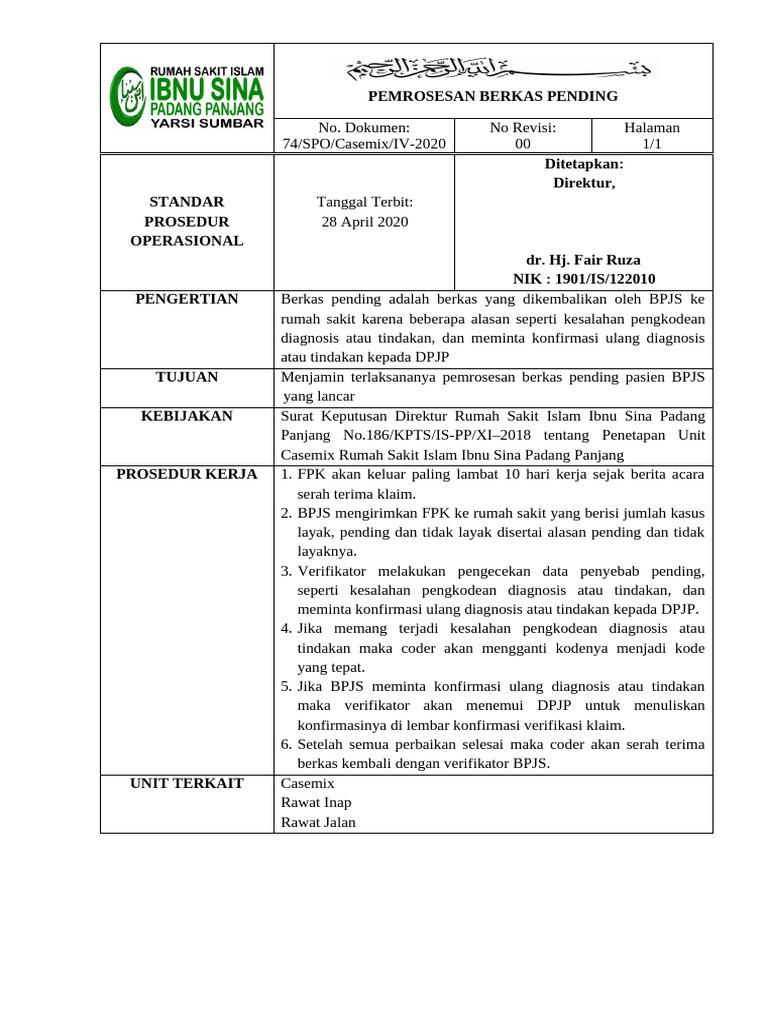 Prosedur Pemrosesan Berkas Pending BPJS | PDF