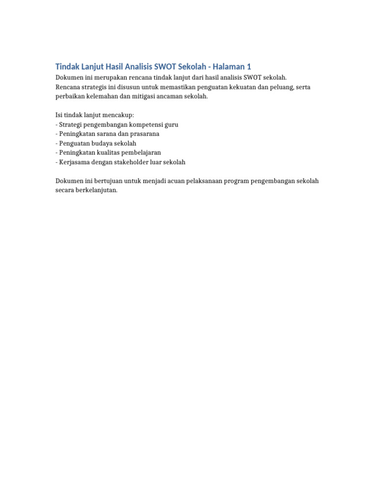 Tindak Lanjut SWOT 6 Lembar | PDF