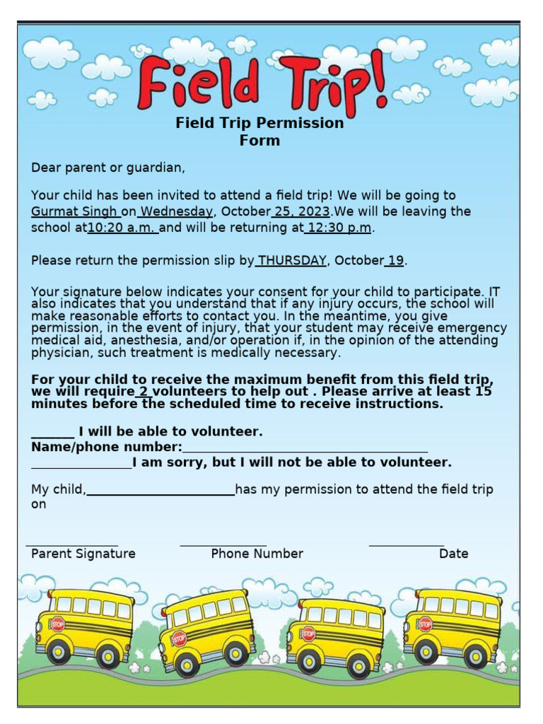 Field Trip Permission Slip Template | PDF