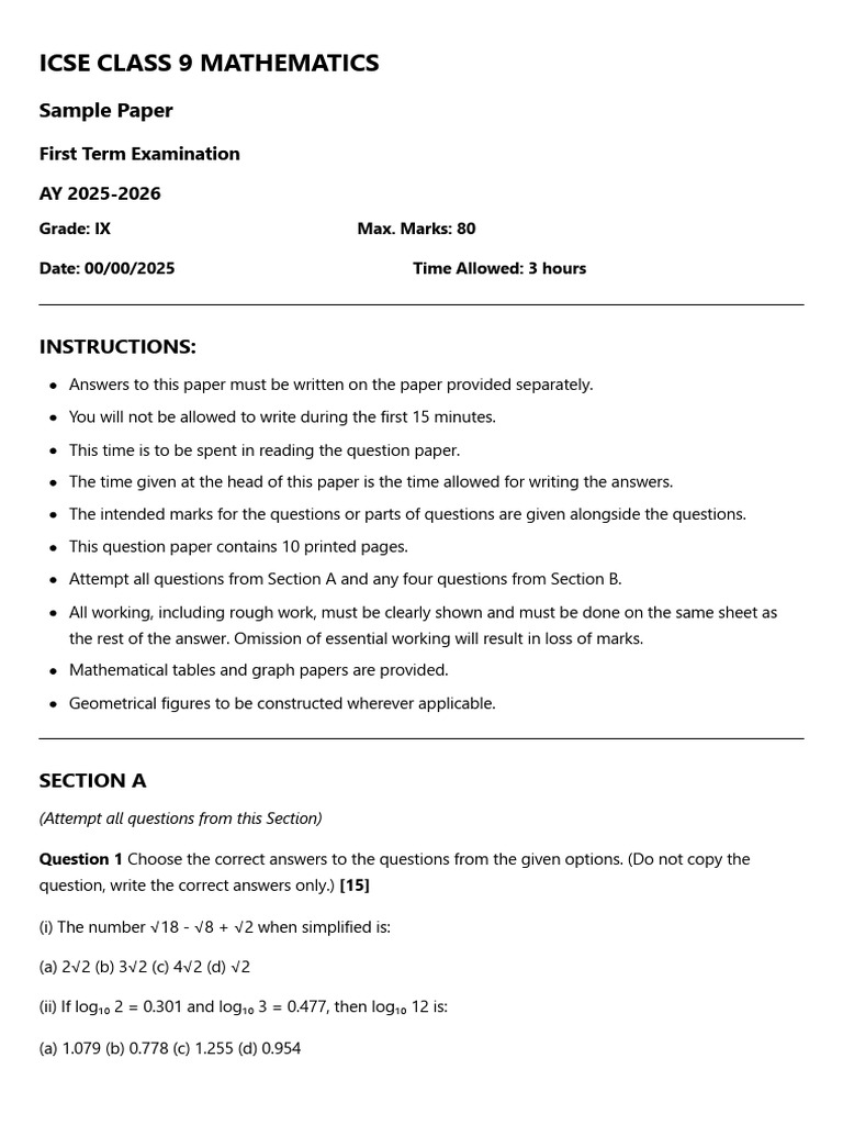ICSE Class 9 Mathematics Sample Paper | PDF | Area | Triangle