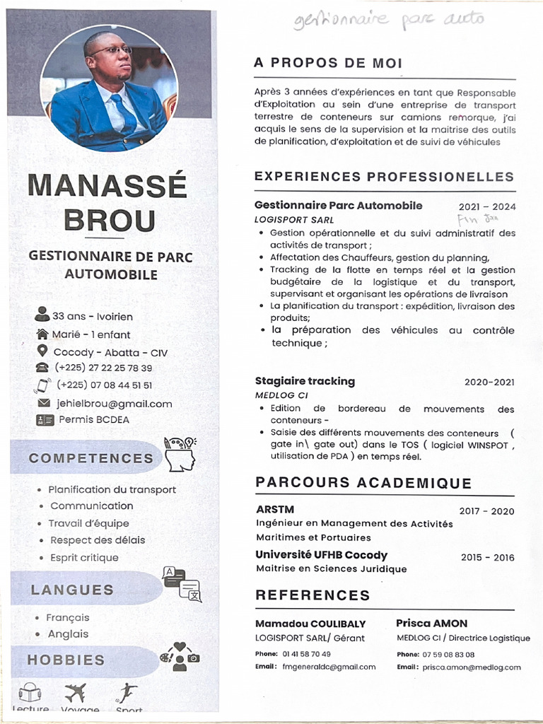 CV BROU MANASSÉ - GESTIONNAIRE PARC AUTO | PDF