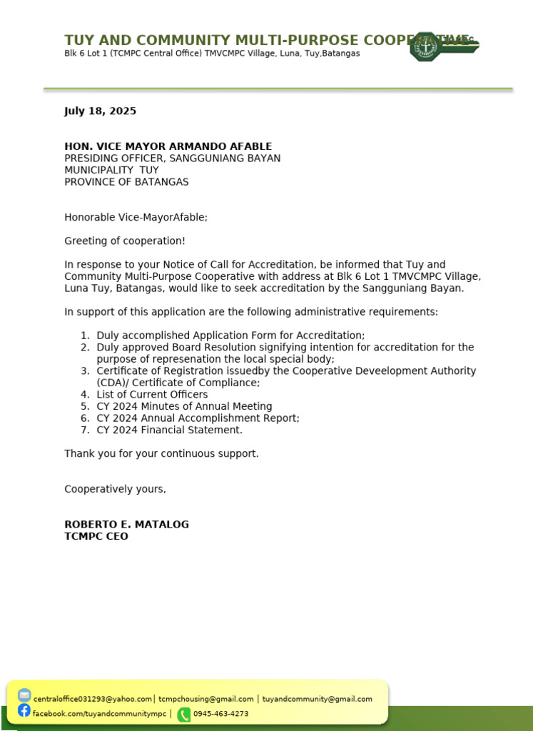 Letter of Application (SB Accreditation) | PDF