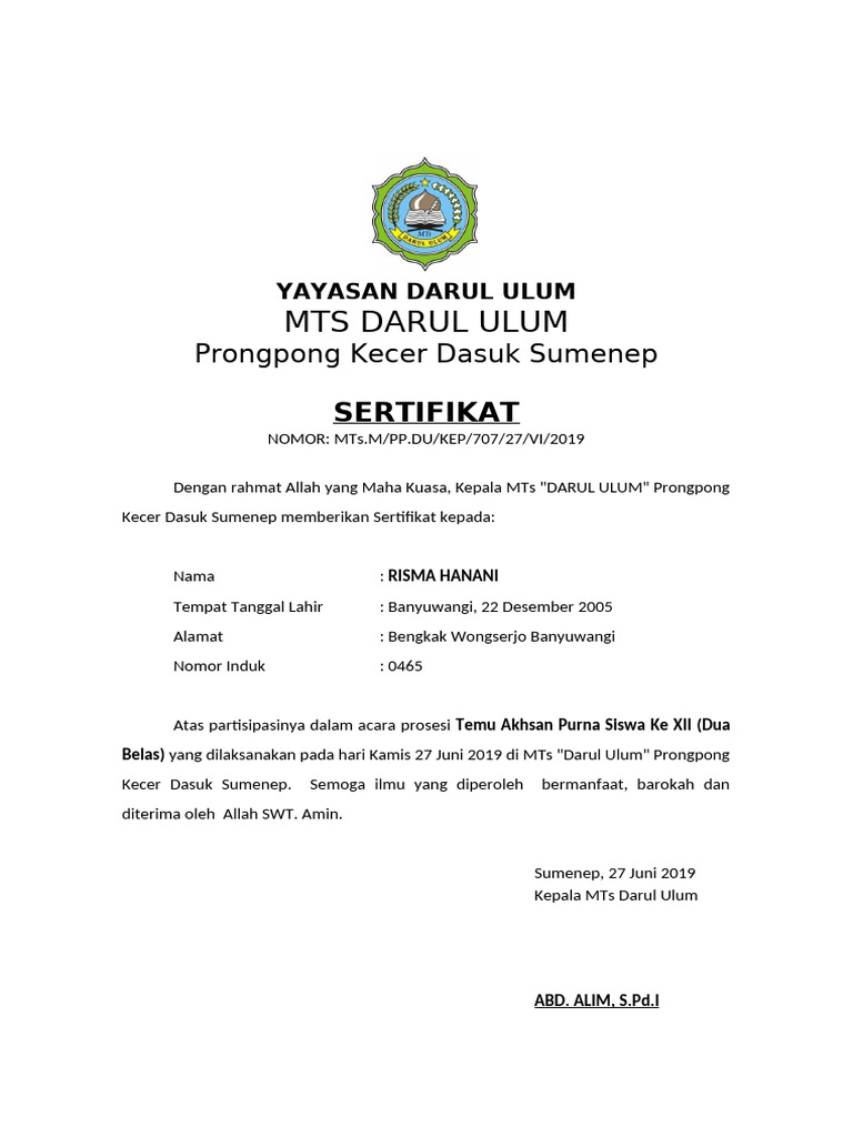 Teks Sertifikat Mts 2019 | PDF