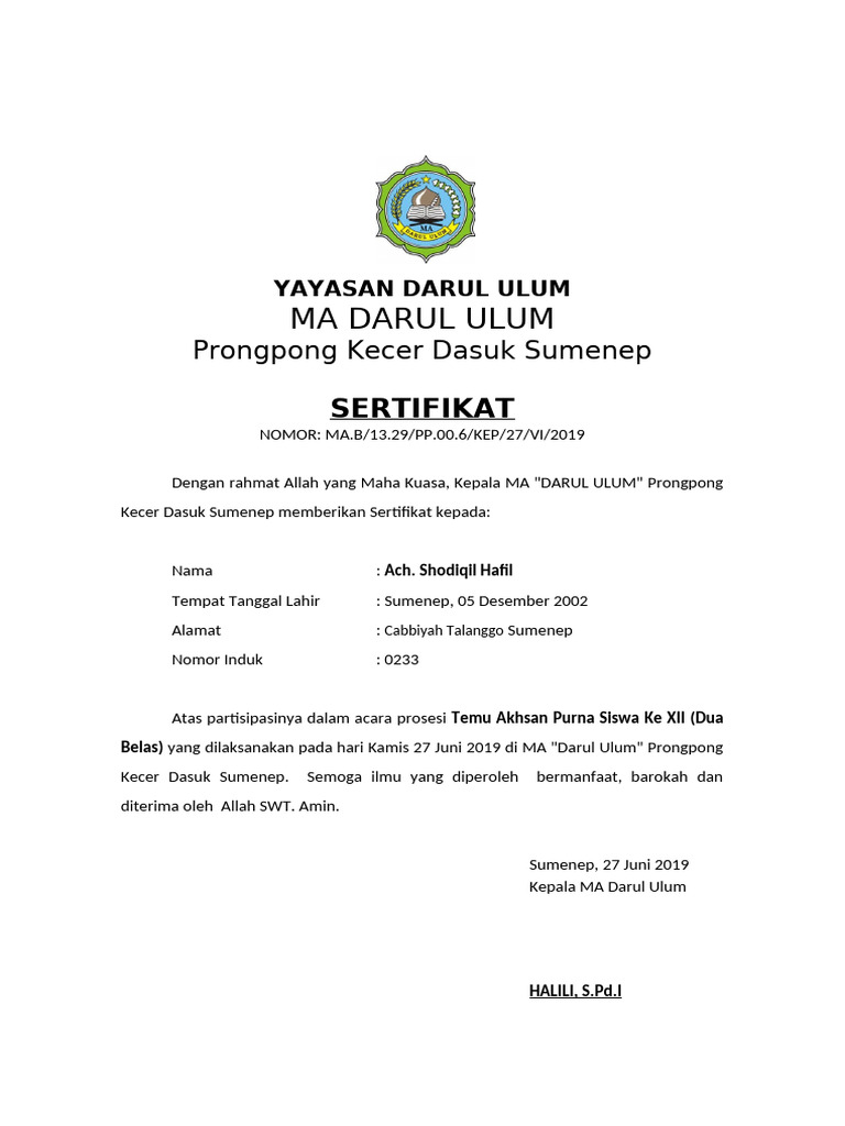 Teks Sertifikat Ma 2019 | PDF