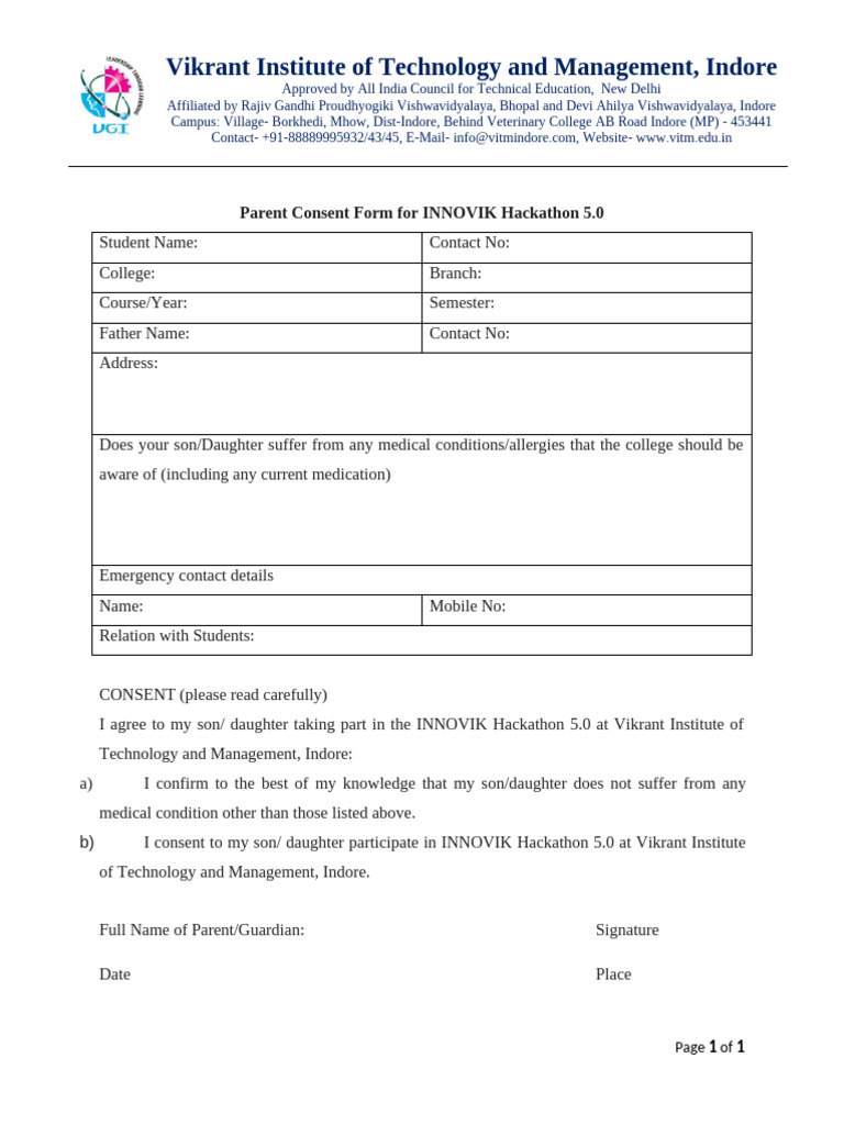 English Parent Consent Form For Innovik Hackathon 5.0 2025 | PDF