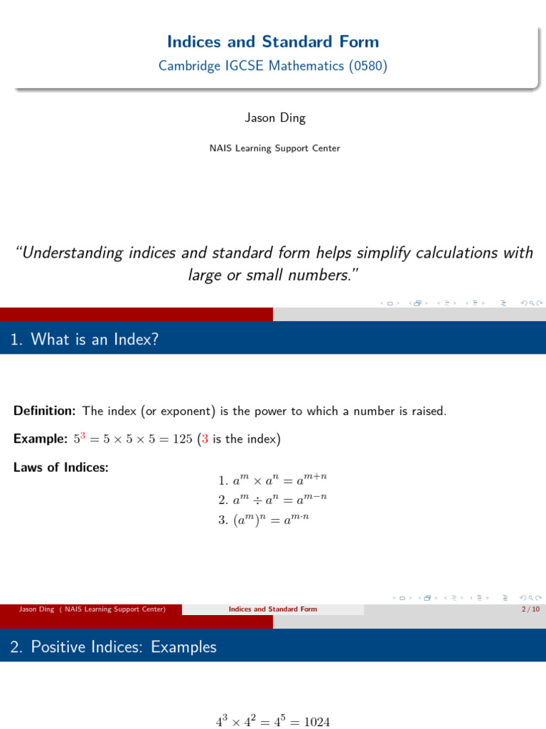 IGCSE Indices and Standard Form | PDF | Exponentiation | Mathematical Concepts
