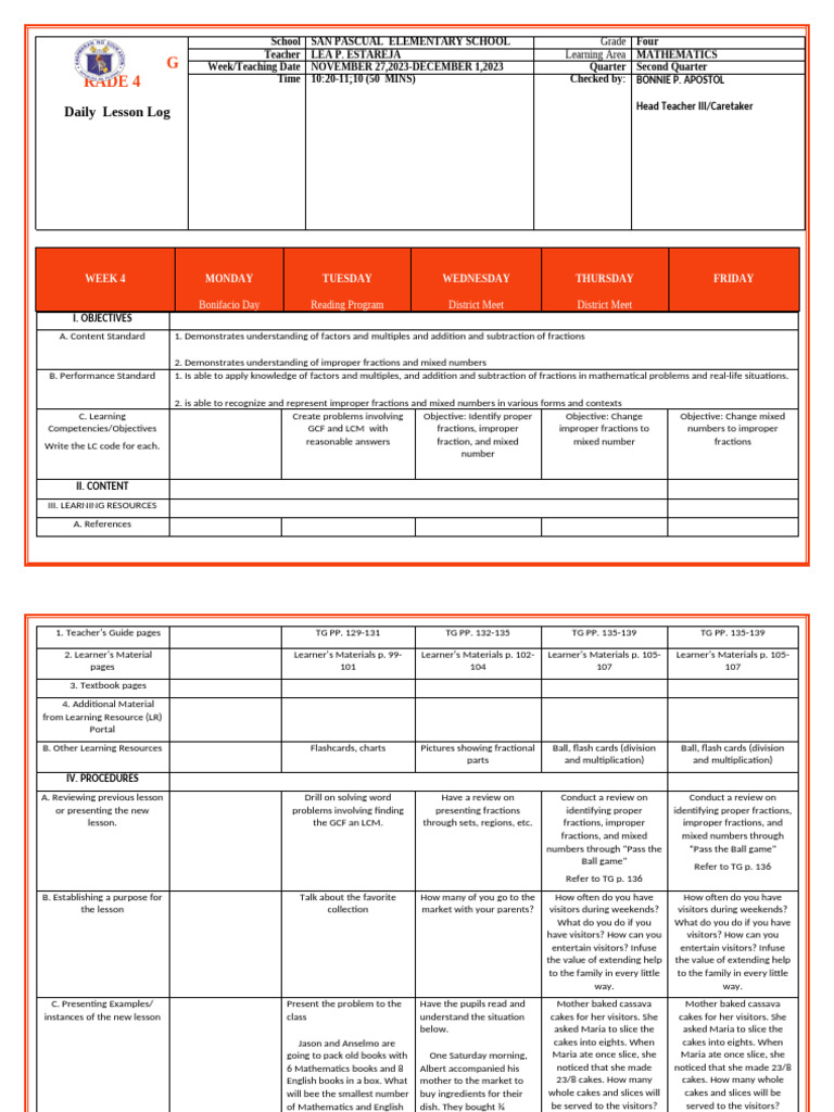 Grade 4 DLL Quarter 2 Week 4 (Sir Bien Cruz) | PDF | Learning ...