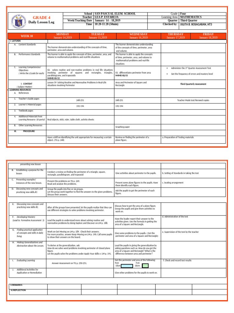 Grade 4 DLL Quarter 3 Week 10 Sir Bien Cruz | PDF | Area | Elementary ...