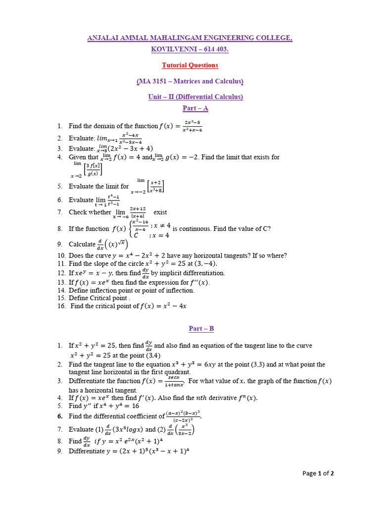 Differential Calculus Tutorial Questions | PDF | Tangent | Function ...