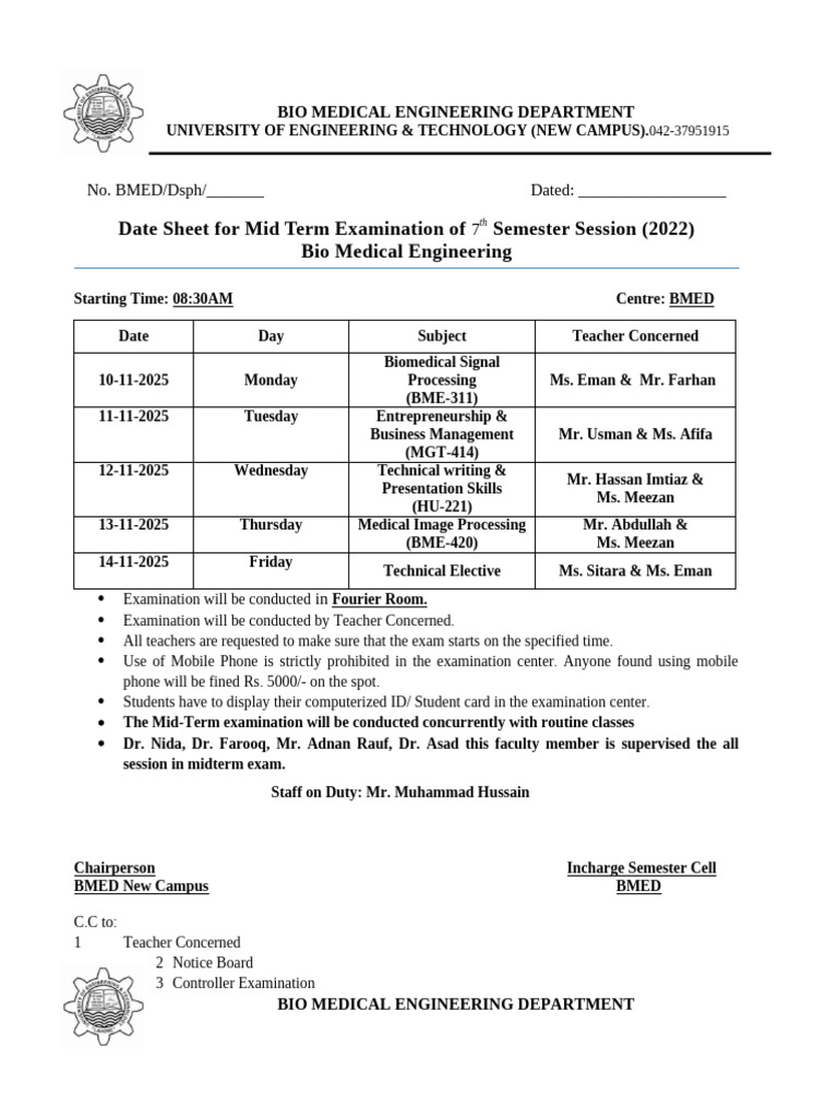 Mid Term Date Sheet Fall 10-11-2025 | PDF