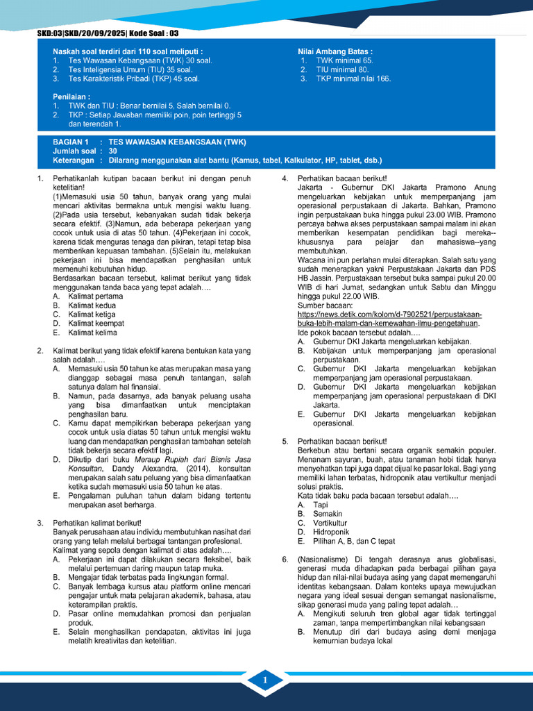 Soal To 03 SKD Cpns 20-22 September 2025 | PDF
