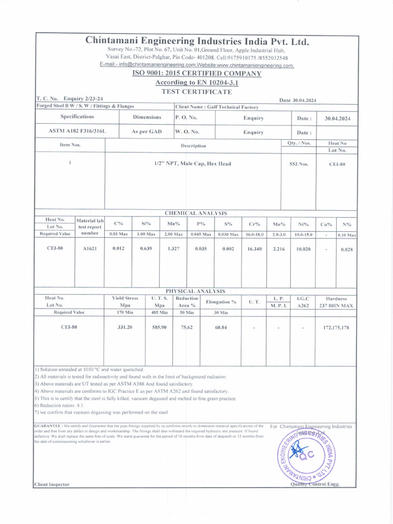 1-2inch NPT Male Cap SS 316L MTC Approved | PDF | Materials | Metals