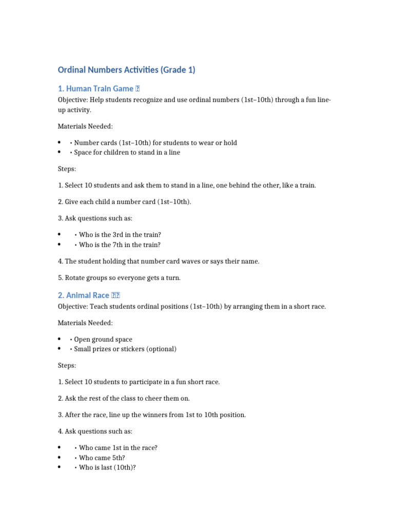 Ordinal Numbers Activities | PDF