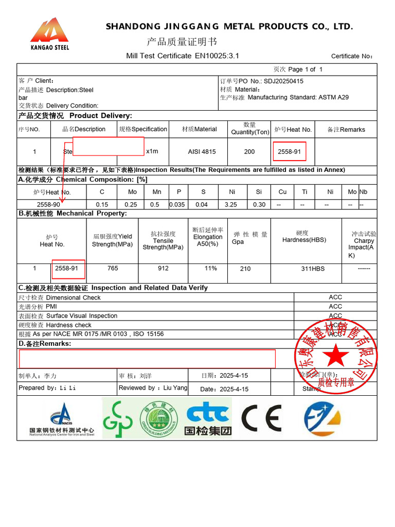 Aisi 4815 MTC Sample MTC | PDF