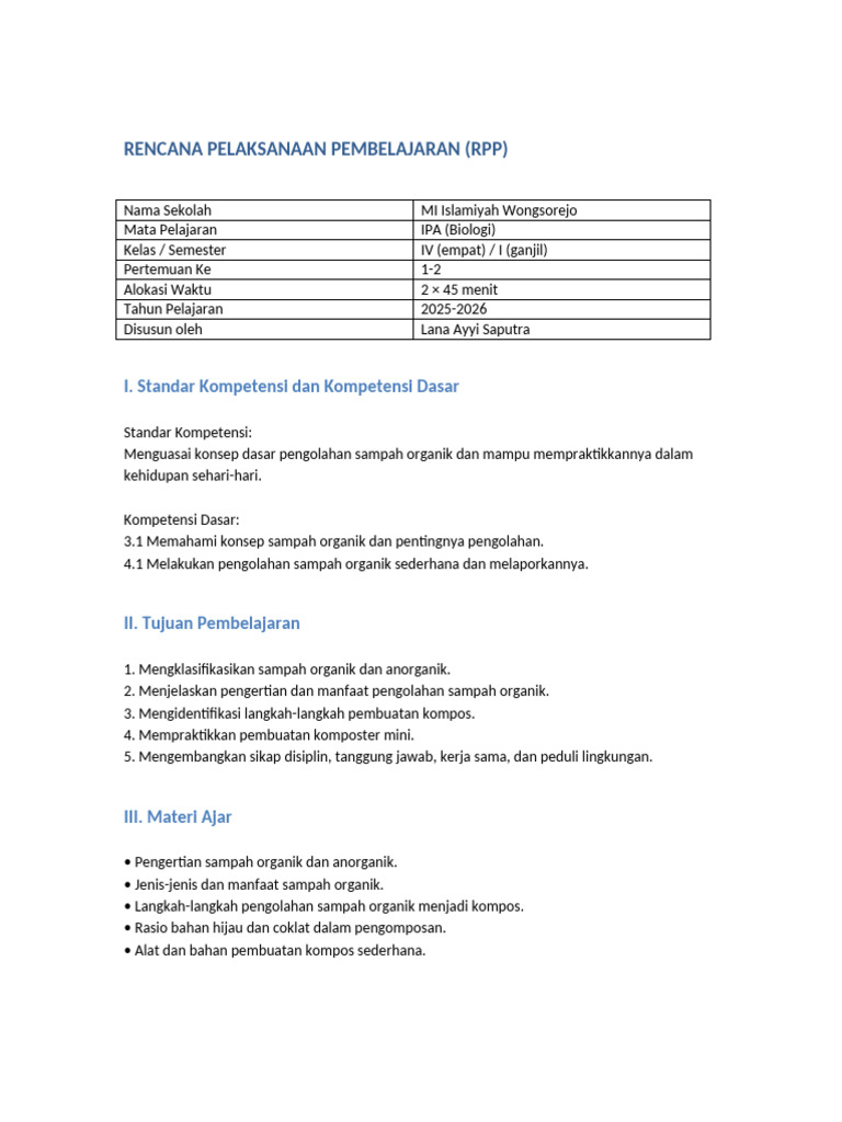 RPP Pengolahan Sampah Organik Kelas IV | PDF
