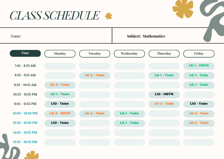 Green Illustrated Leaves Weekly Class Schedule | PDF