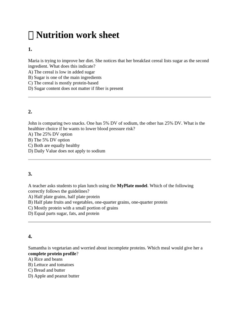 ? Nutrition Work Sheet | PDF | Foods | Nutrients