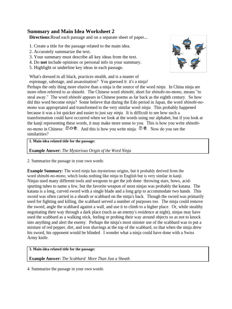 Lesson4 WORKSHEET Summarizing and Main Idea Worksheet 2 ANSWERS | PDF | Ninja | Sword