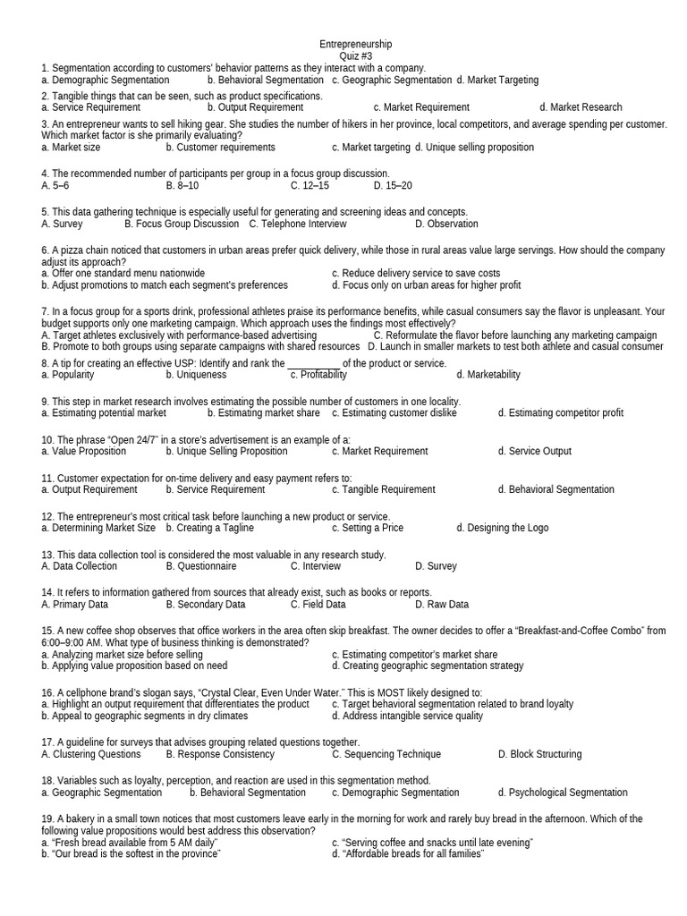 Entrep Quiz Set A | PDF | Market Segmentation | Survey Methodology