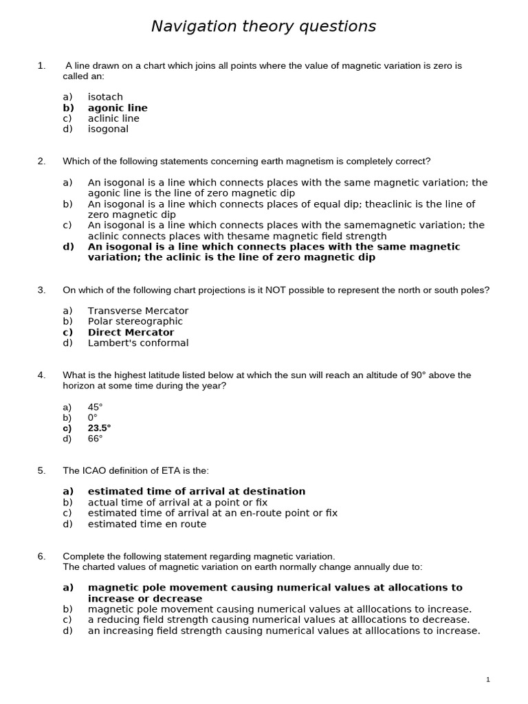 Navigation Theory Quiz Questions | PDF | Latitude | Equator