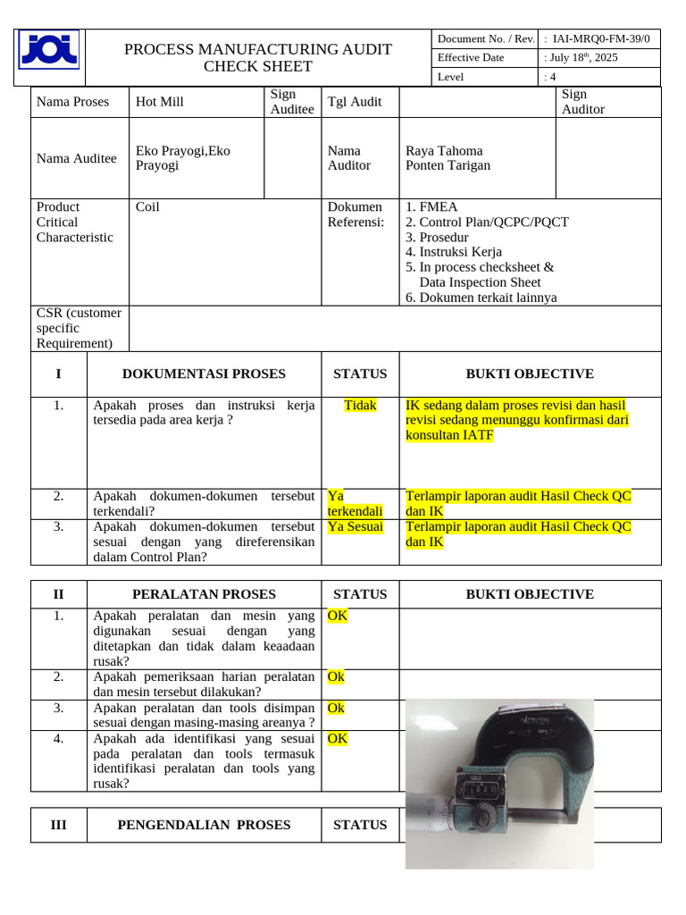 FM-39 PROCESS MANUFACTURING AUDIT CHECKSHEET for internal pra audit | PDF
