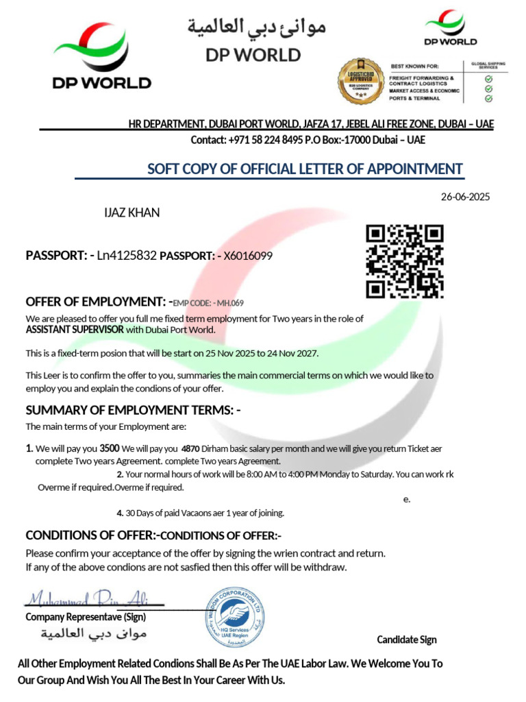 Soft Copy of Official Letter of Appointment: Ijaz Khan Ln4125832 | PDF
