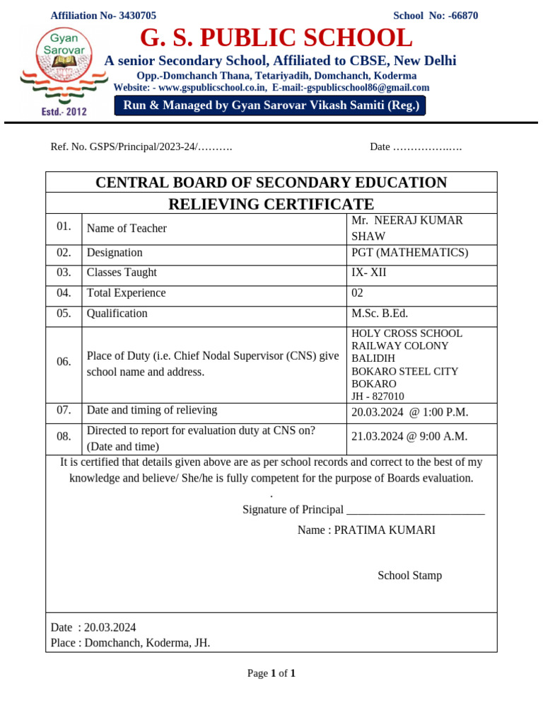 Relieving Certificate for Mr. Neeraj Kumar Shaw | PDF