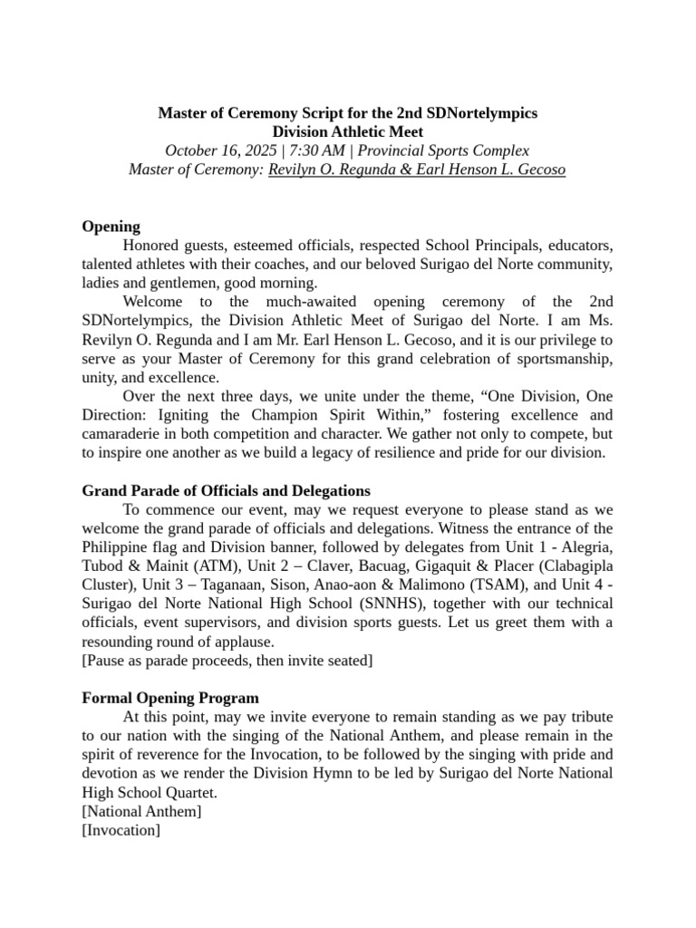 Master of Ceremony Script for the 2nd SDNortelympics | PDF
