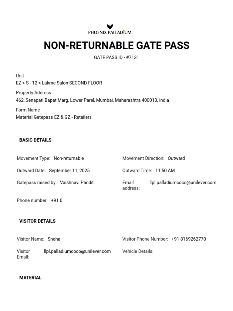 Non-Returnable Gate Pass #7131 Details | PDF