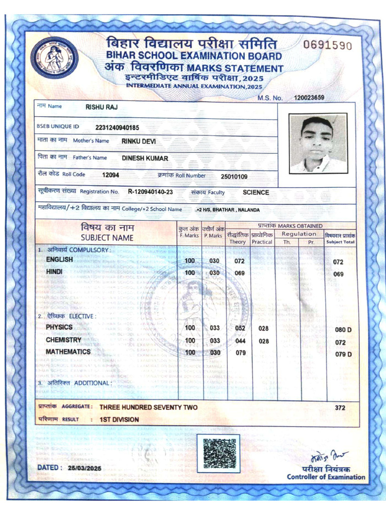12th Marksheet | PDF