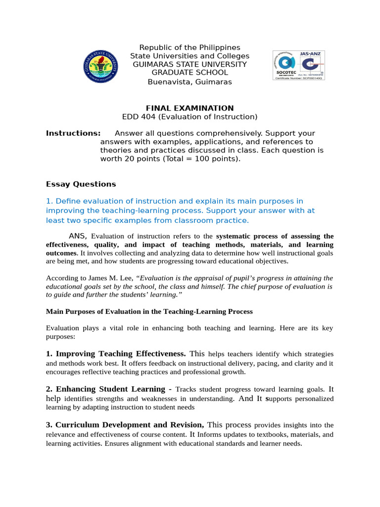 EDD 404: Evaluation of Instruction Exam | PDF | Educational Assessment ...