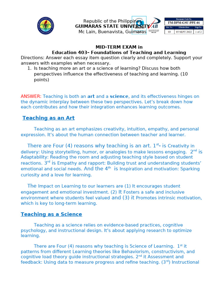 Mid Term Exam in Foundations of Teaching and Learning (2) (AutoRecovered) | PDF | Learning ...