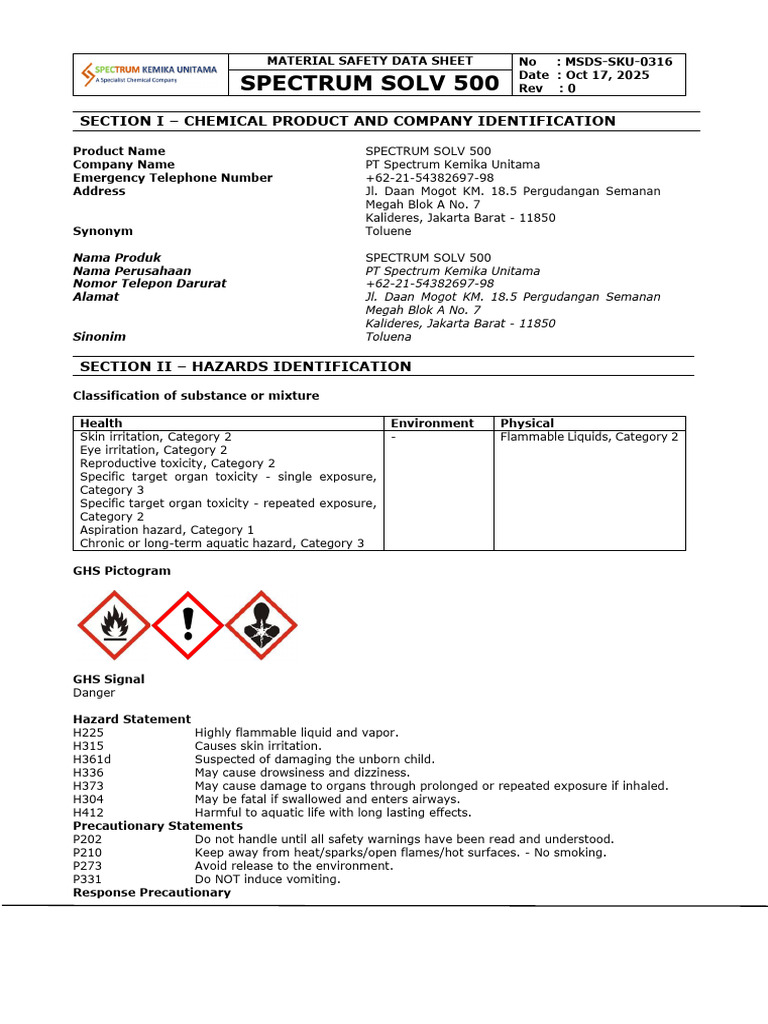 Msds-solv 500 (Toluene) | PDF
