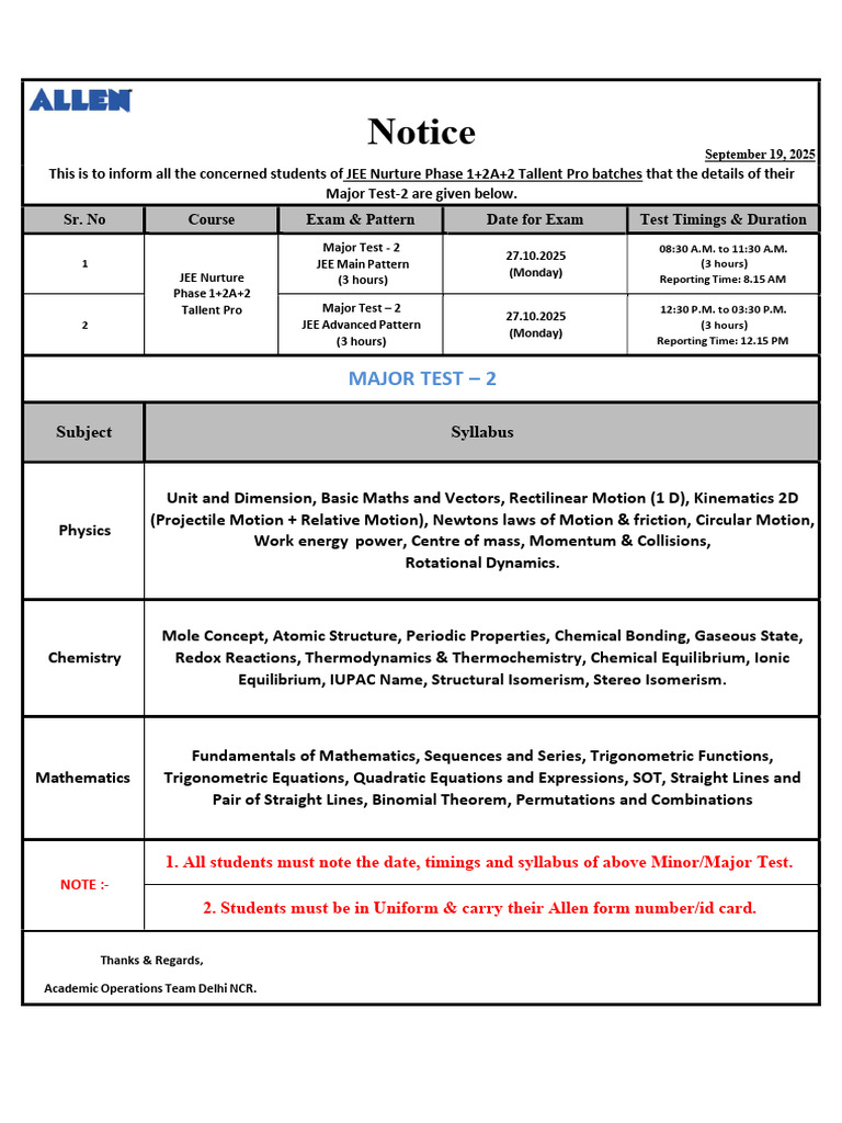 Test Notice of JEE Nurture TP Phase 1+2A+2 Major Test-2 27-10-25 | PDF ...