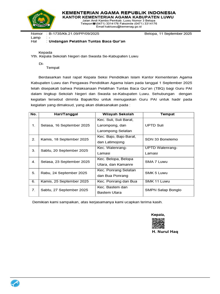 Undangan TBQ Guru PAI | PDF