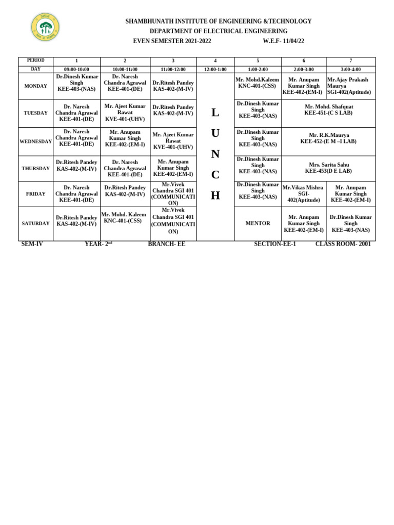 Time Table Ee 2021-22 Even | PDF